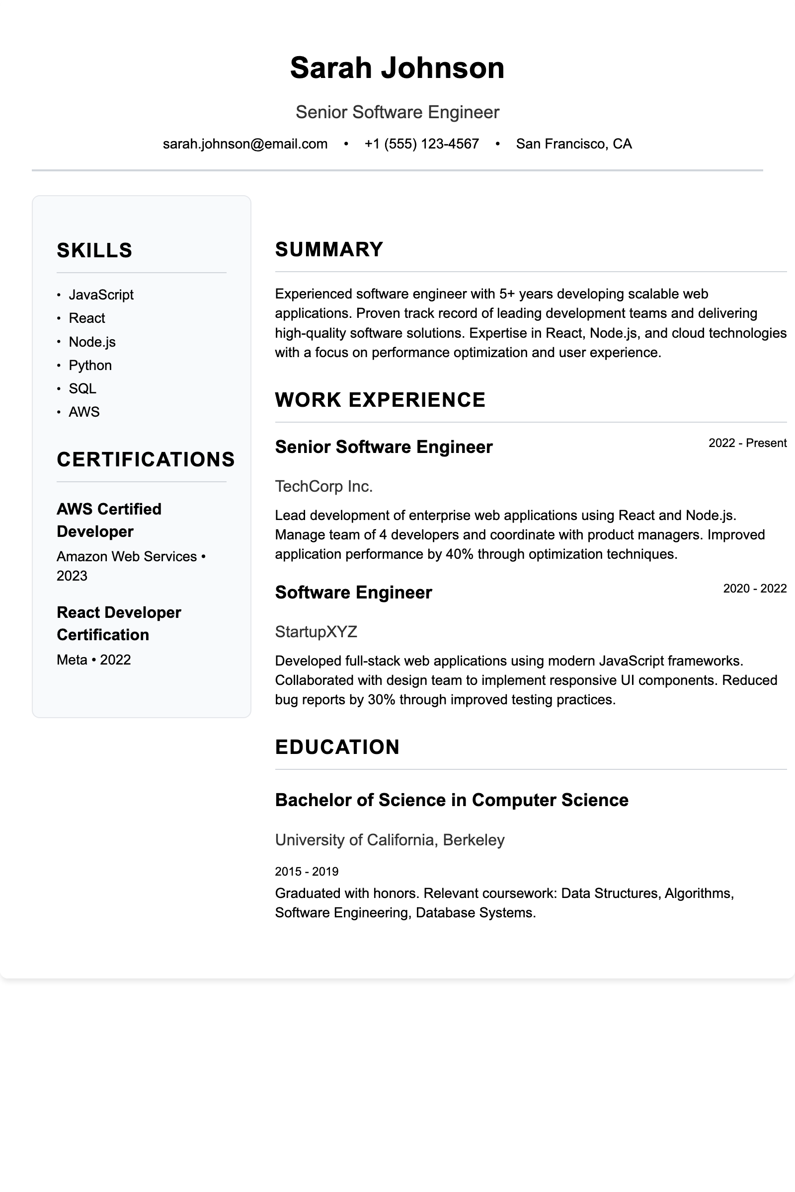 ATS Two-Column Standard Resume Template - free Download | ResumeGyani