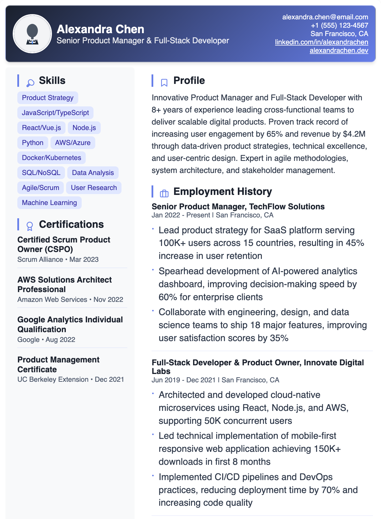 Modern Left Sidebar Resume Template - free Download | ResumeGyani